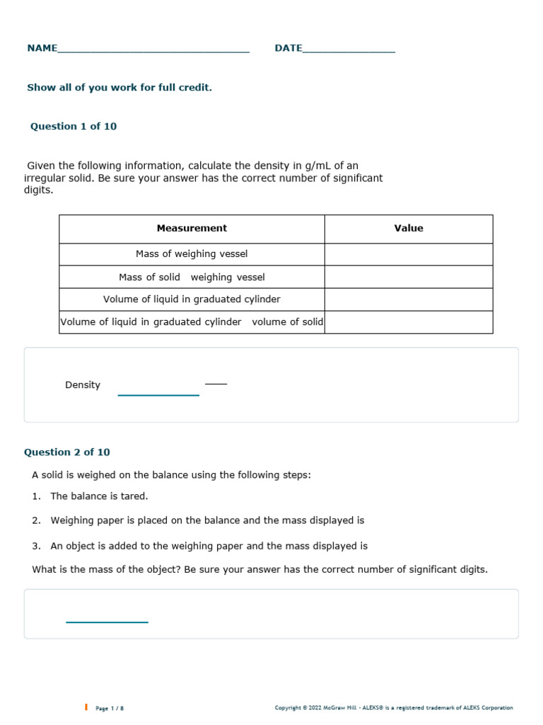 CHE 110 Sugar Content Problem Set Handout | PDF | Volume | Density