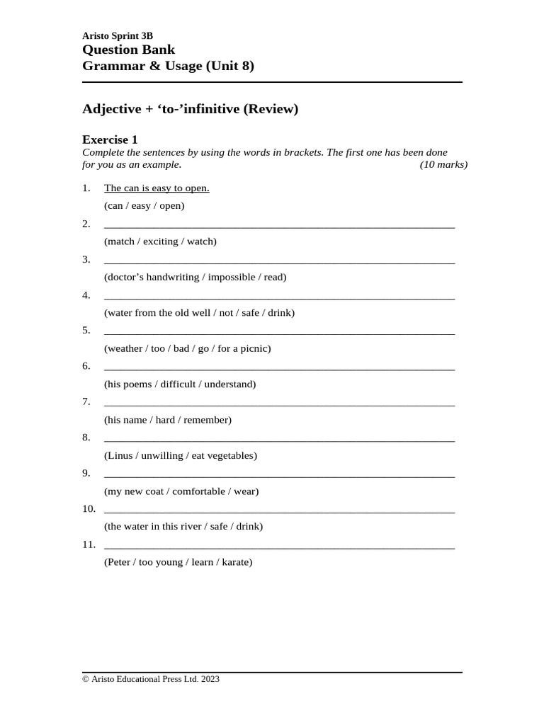 Grammar Exercise: Adjective + 'to' Infinitive | PDF | Linguistics