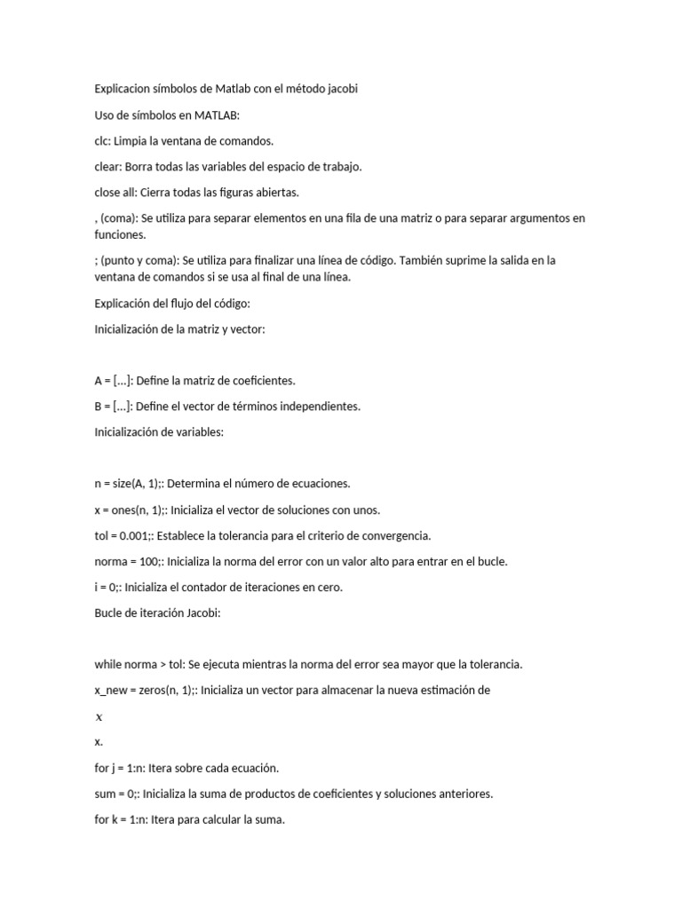 Explicacion símbolos de Matlab con el método jacobi | PDF