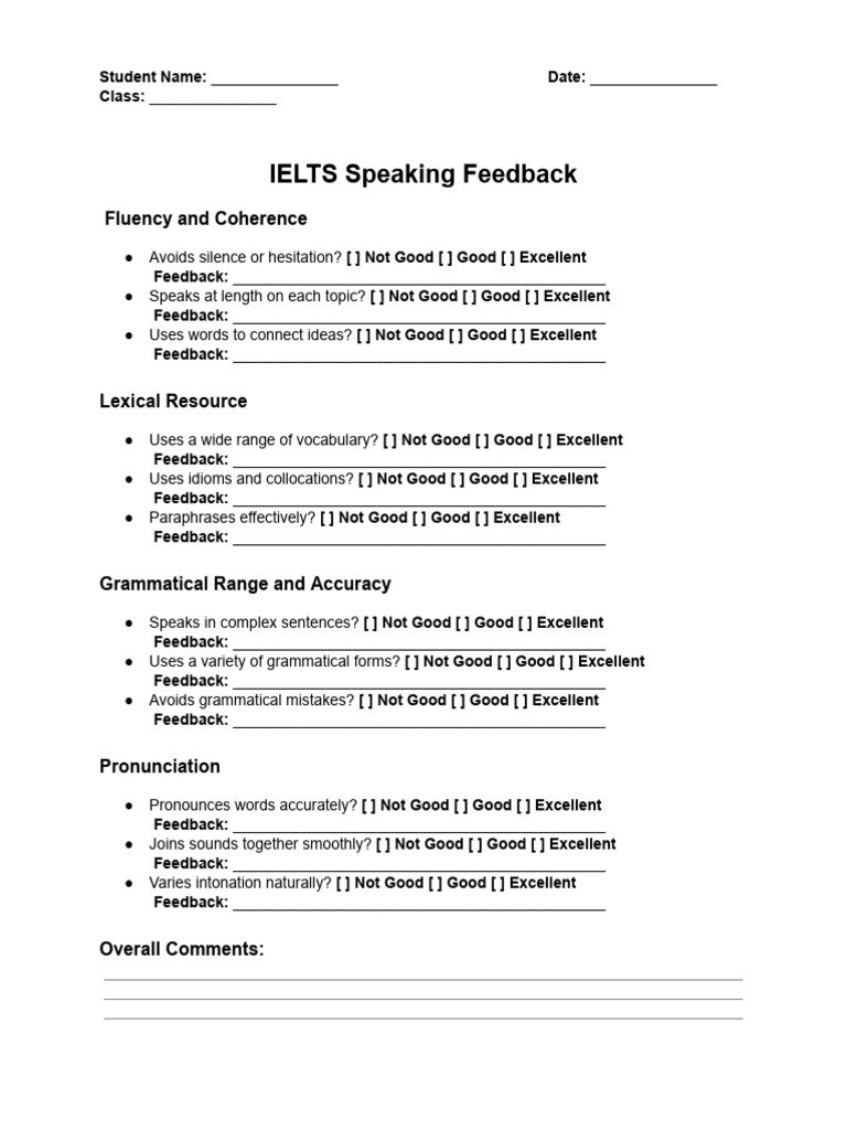 IELTS Speaking Feedback Sheet | PDF