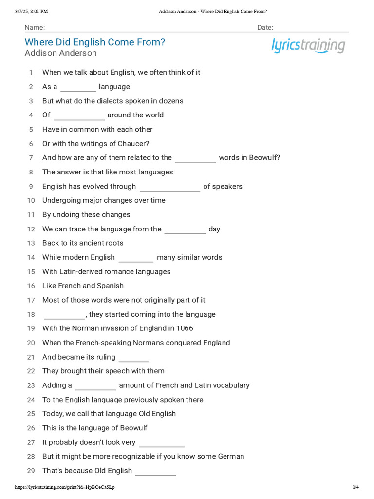 TED Where Did English Come From - LyricsTraining | PDF | English ...