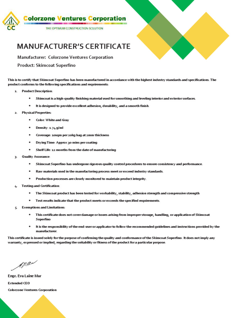 Manufacturer's Certificate Skimcoat Superfino | PDF