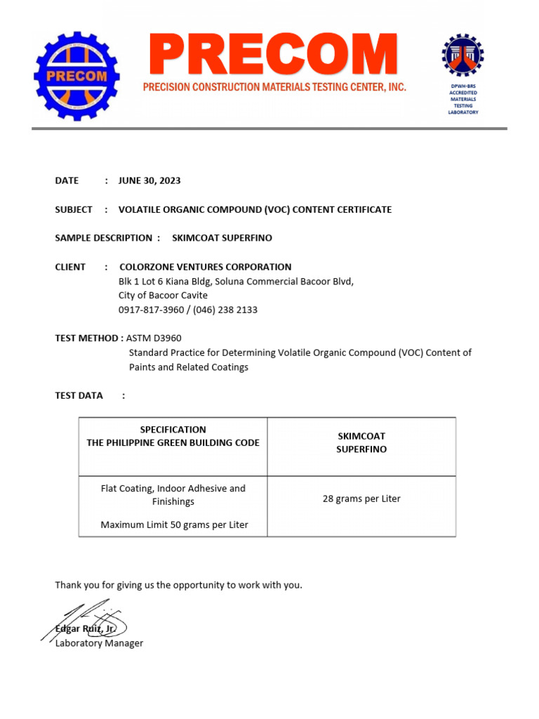 VOC Content Certificate for Skimcoat Superfino | PDF