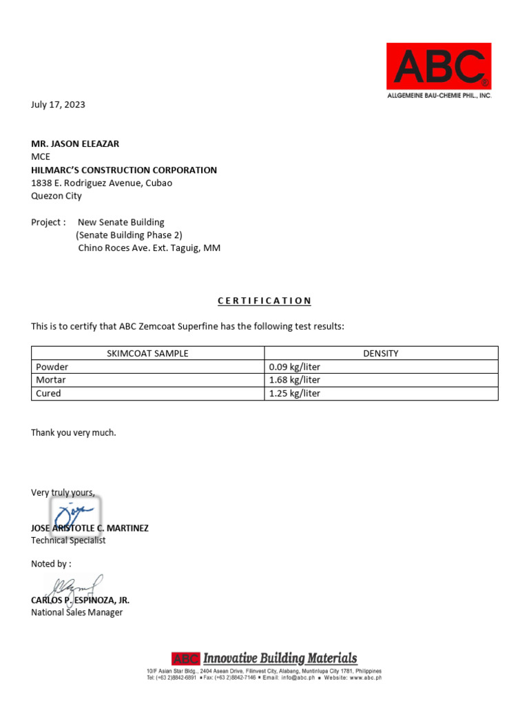 Certificate of ABC Zemcoat Superfine Density Test Results For Hilmarc's ...