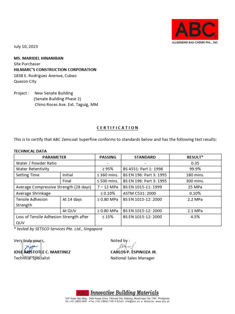 Certificate of ABC Zemcoat Superfine Test Results For Hilmarc's ...