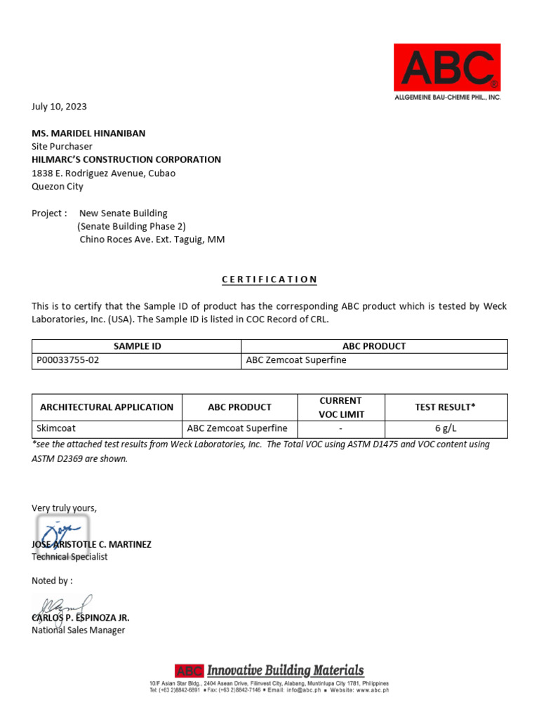 VOC Certificate of ABC Zemcoat Superfine For Hilmar's Construction Corporation | PDF