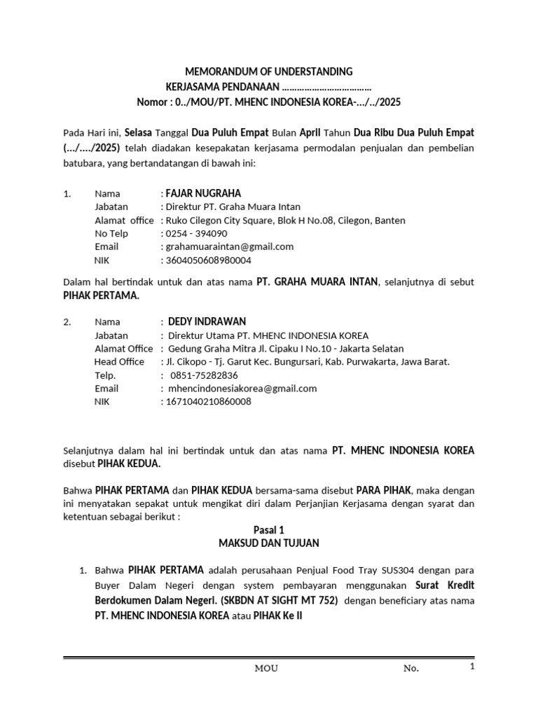 DRAFT MOU Kerjasama Batubara MHENC IK 2024 | PDF