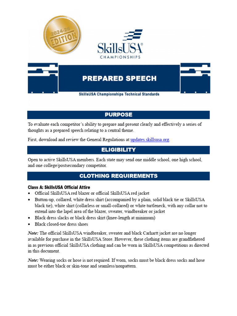 SkillsUSA 2025 Prepared Speech Guidelines | PDF | Clothing | Learning