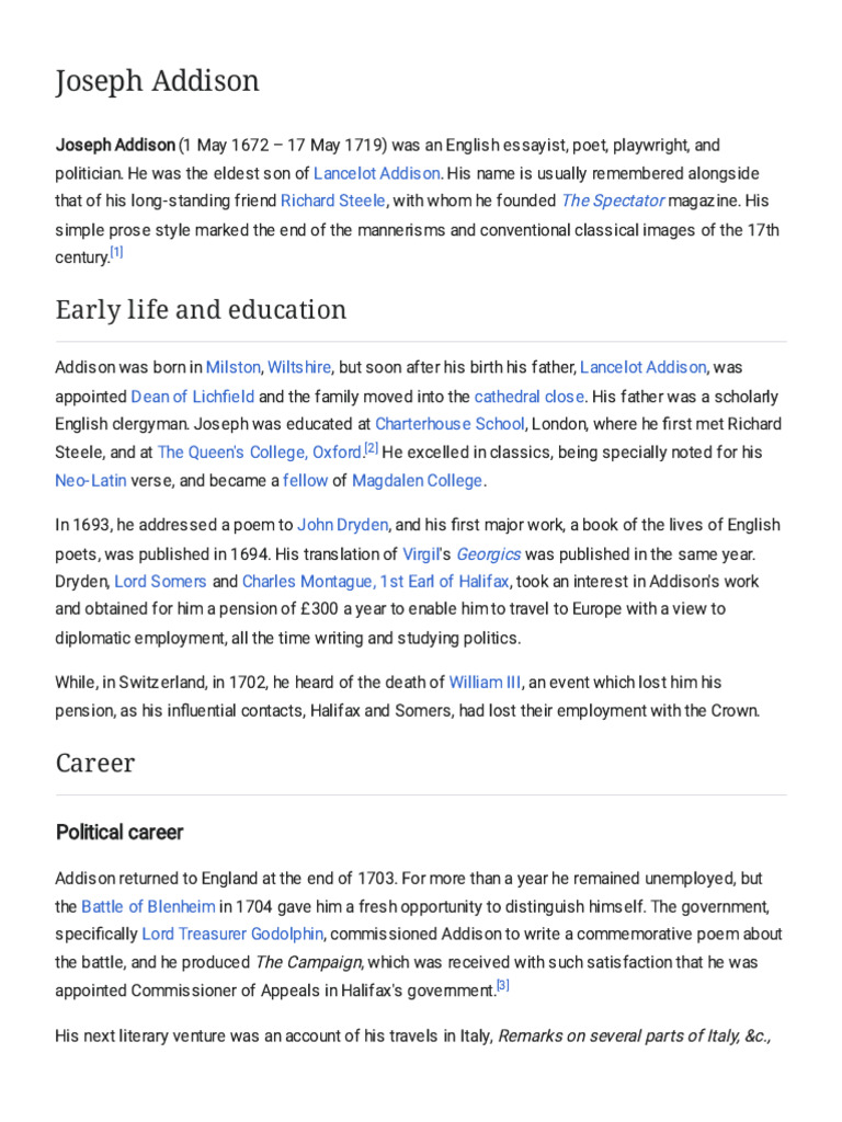 Joseph Addison - Wikipedia (1) | PDF
