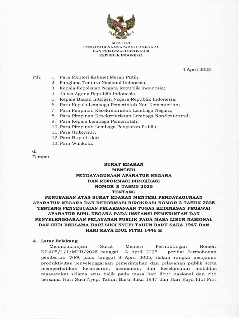 Surat Edaran Menteri PAN RB Nomor 3 Tahun 2025 | PDF
