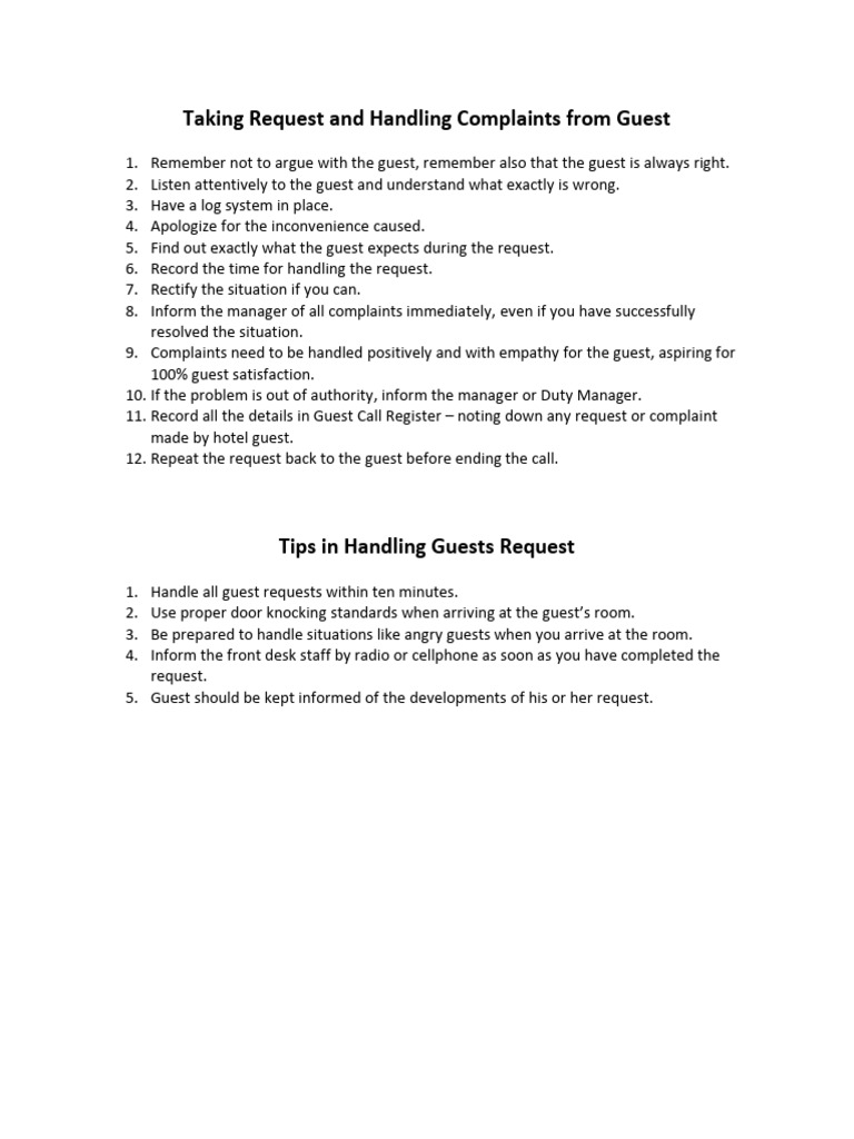 Taking Request and Handling Complaints From Guest | PDF