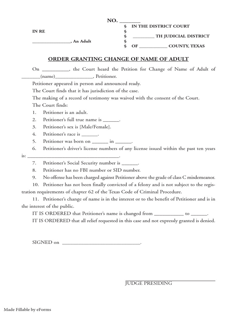 Texas Adult Name Change Order | PDF