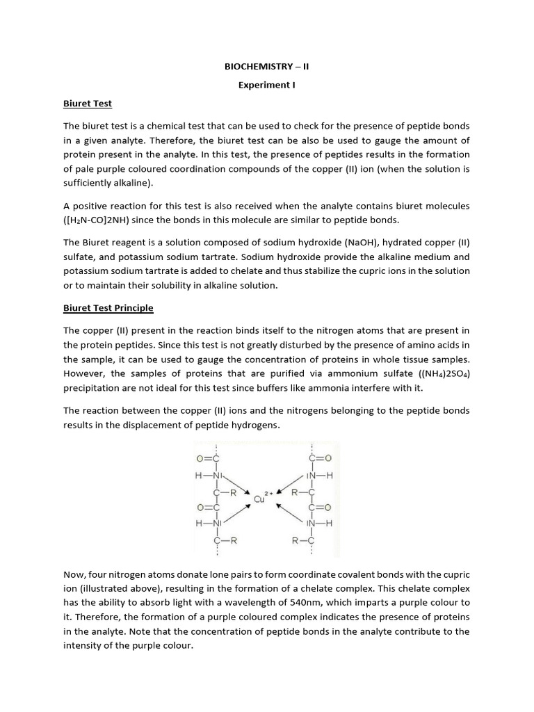 Biochemistry II Exp 1 Biuret Test | PDF | Atoms | Chemistry