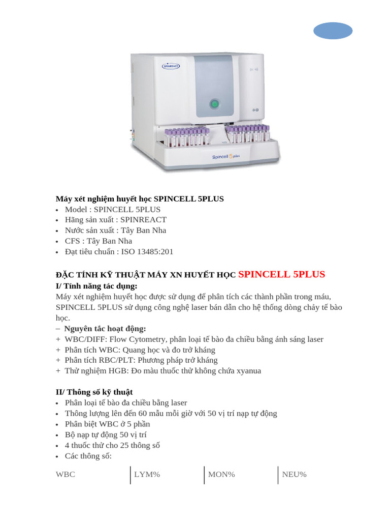 Máy xét nghiệm huyết học SPINCELL 5PLUS | PDF