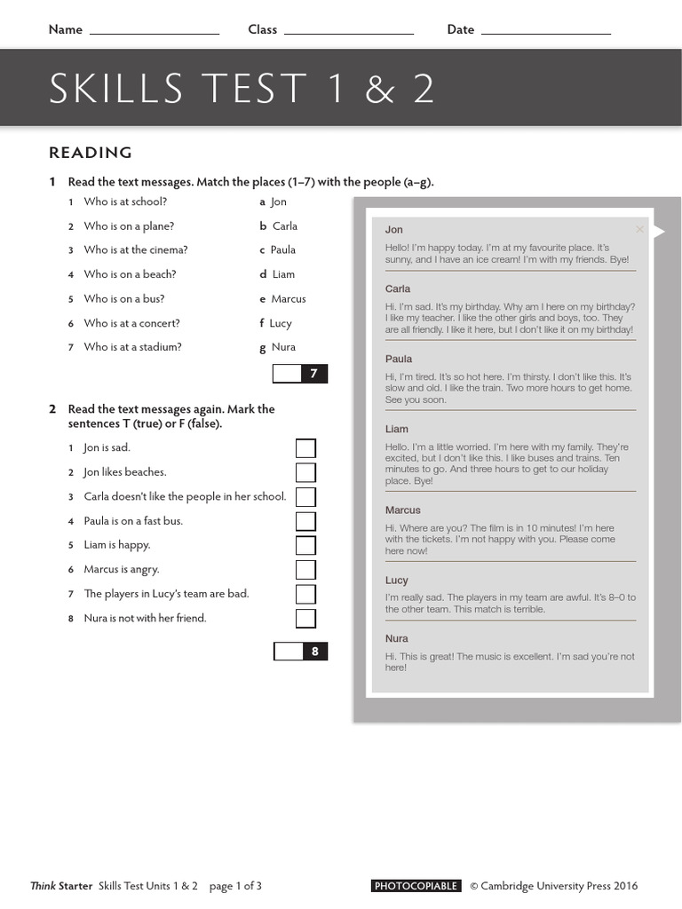 Think Starter Skills Test Units 1-2 | PDF
