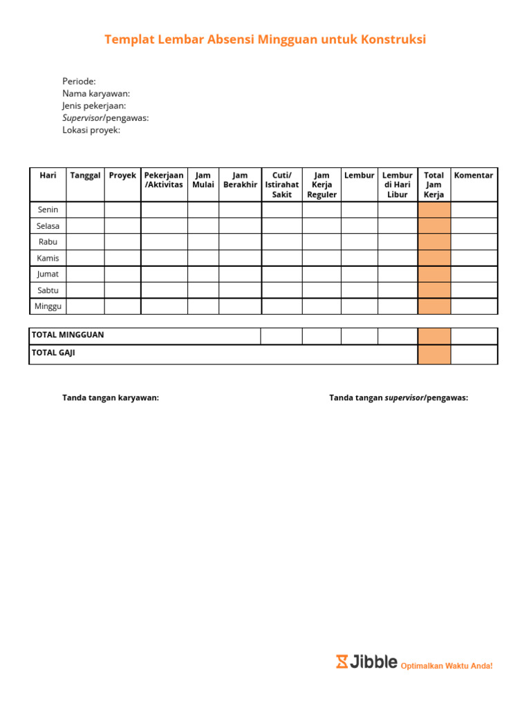 Templat Lembar Absensi Mingguan Untuk Konstruksi | PDF