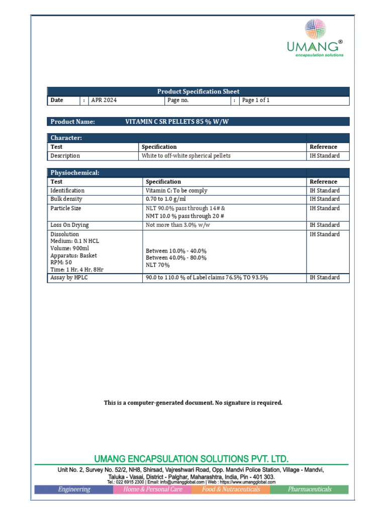 Vitamin C SR Pellets Specification | PDF