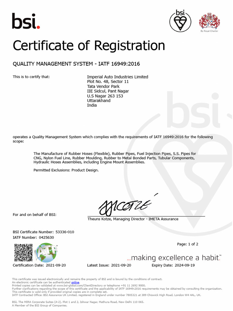 IATF 16949:2016 Certification for Imperial Auto | PDF