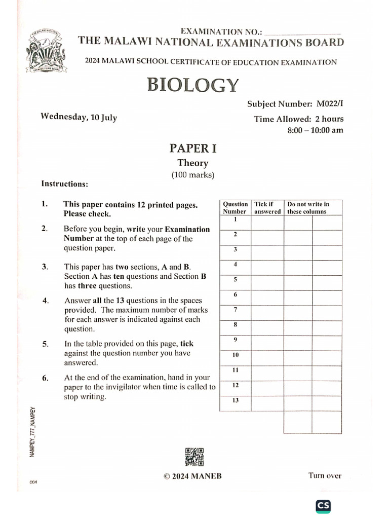 Maneb 2024 Bio, Chem & Phy Paper 1 | PDF