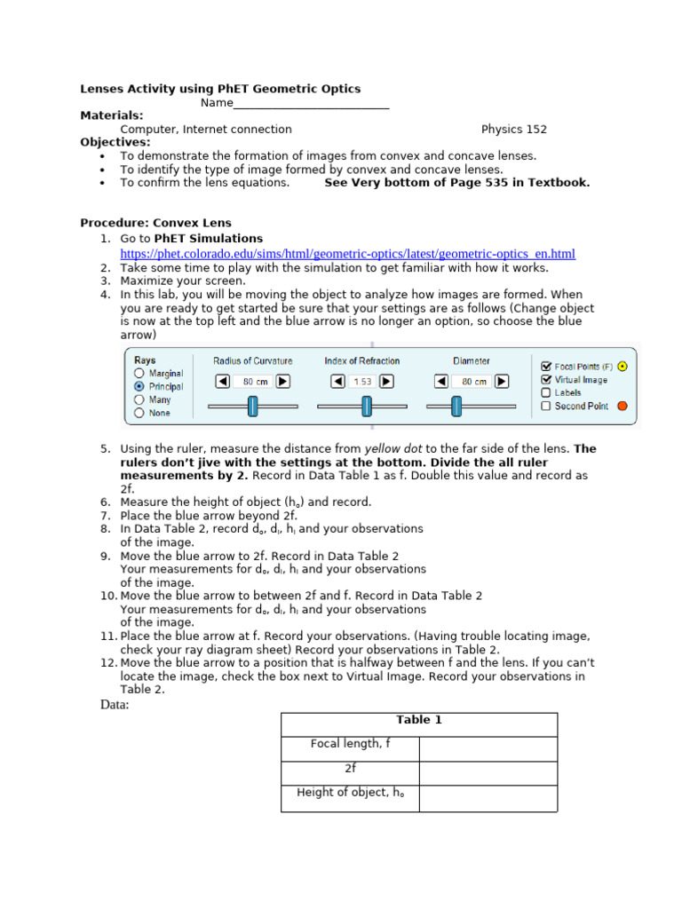 PhET Lenses Activity for Image Formation | PDF | Lenses ...