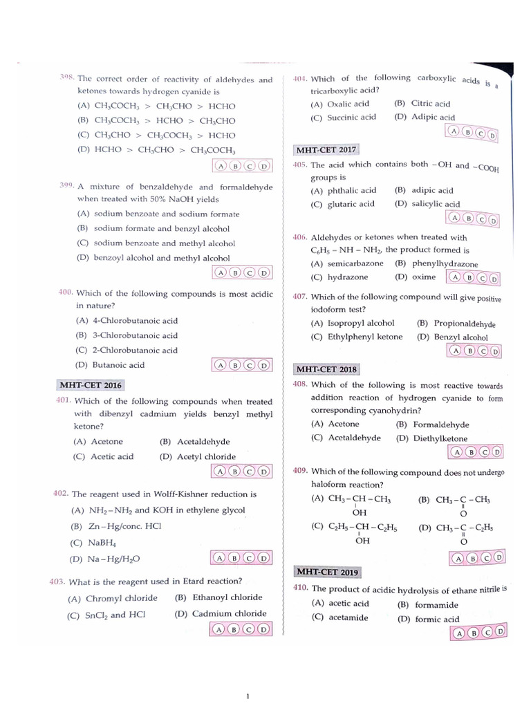 Aldehyde Ketone Carboxylic Acids MCQ PYQ | PDF