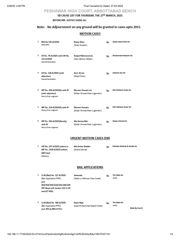SB Cause List For 27.03.2025 Before Mr. Justice Sadiq Ali at PHC ATD ...