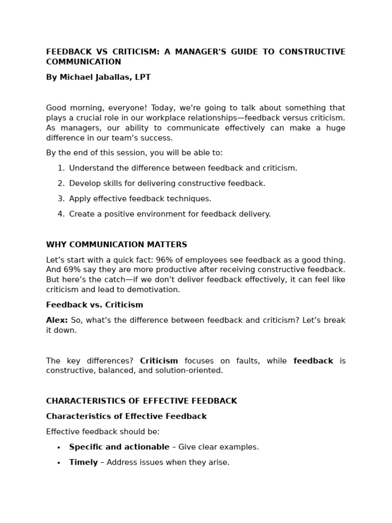 Feedback Vs Criticism - Script | PDF | Human Communication ...