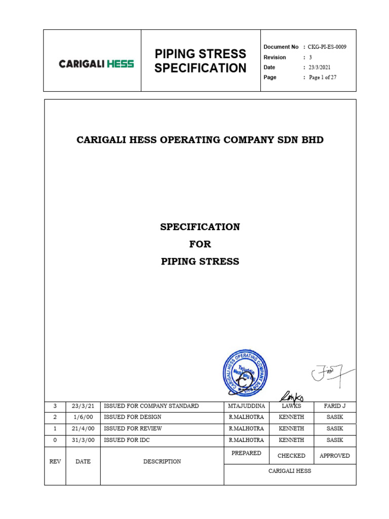 Piping Stress Specification Document | PDF | Specification (Technical ...