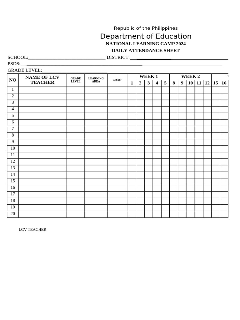 NLC LCV Daily Attendance-Sheet | PDF