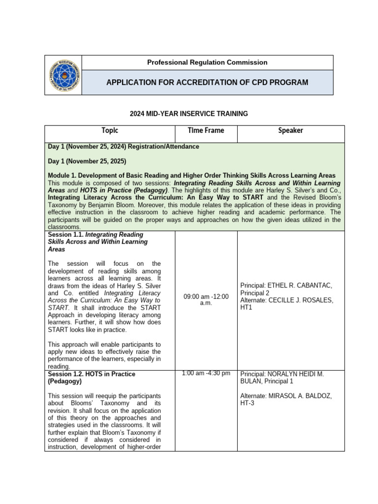 Inset 2024 3. Program of Activities PRC Cpdas 1 | PDF | Educational Assessment | Learning