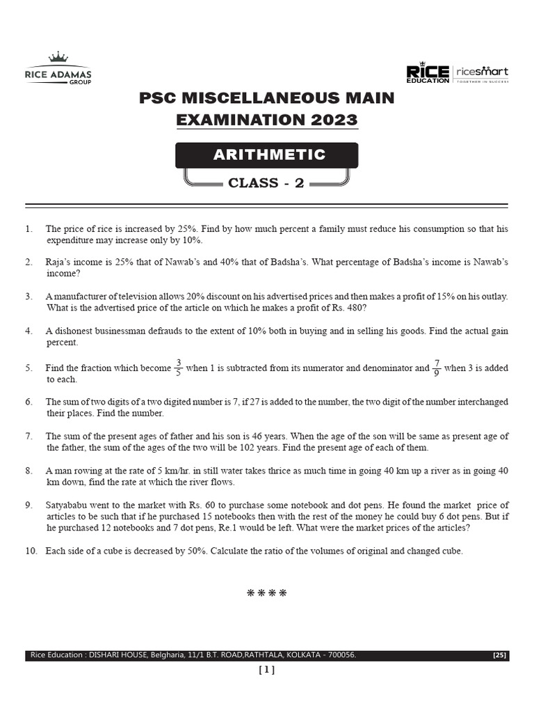 PSC Misc Main - Arithmetic Class - 2 (Q) Final PDF | PDF