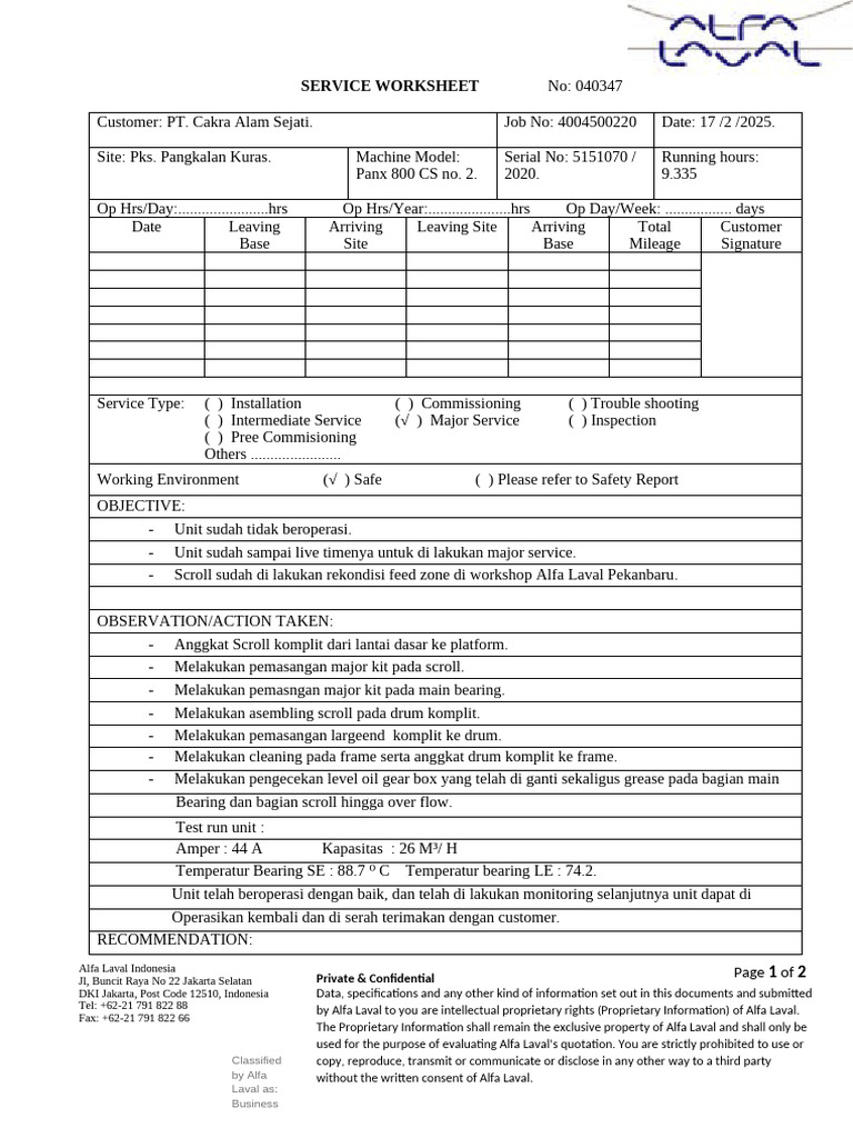 Service Worksheet Panx 800 | PDF