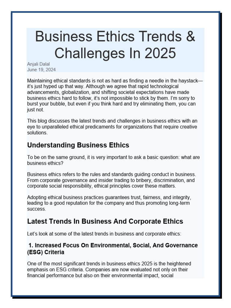 Business Ethics Trends Challenges in 2025 | PDF | Business Ethics ...