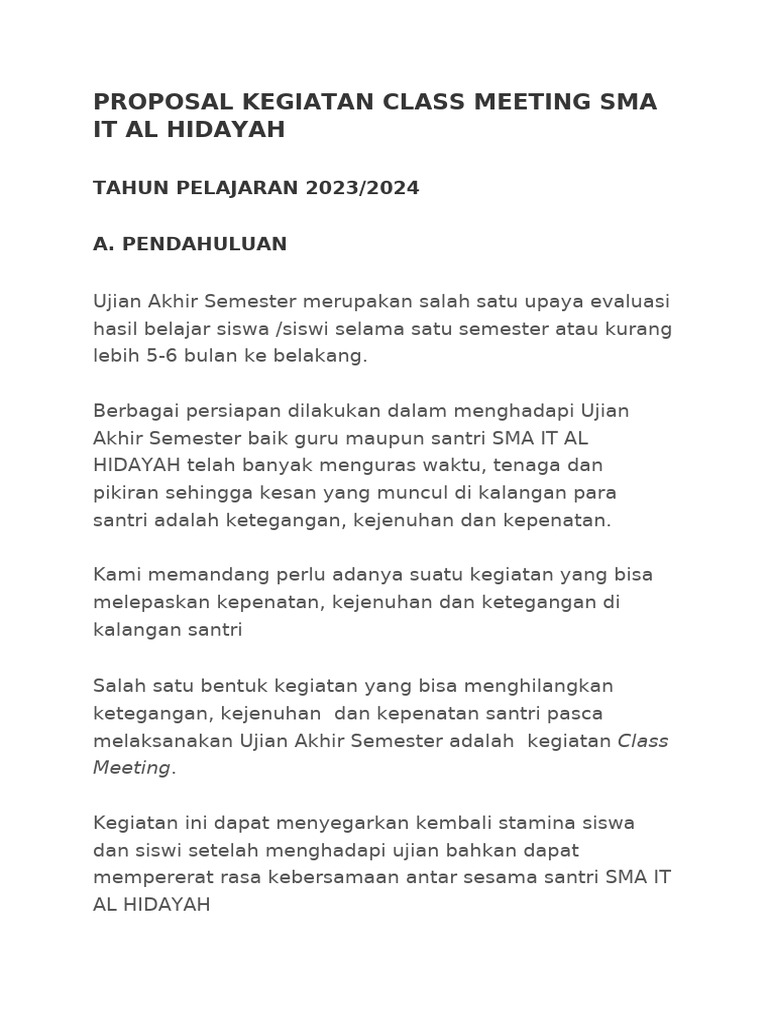 PROPOSAL KEGIATAN CLASS MEETING SMA IT AL HIDAYAH | PDF