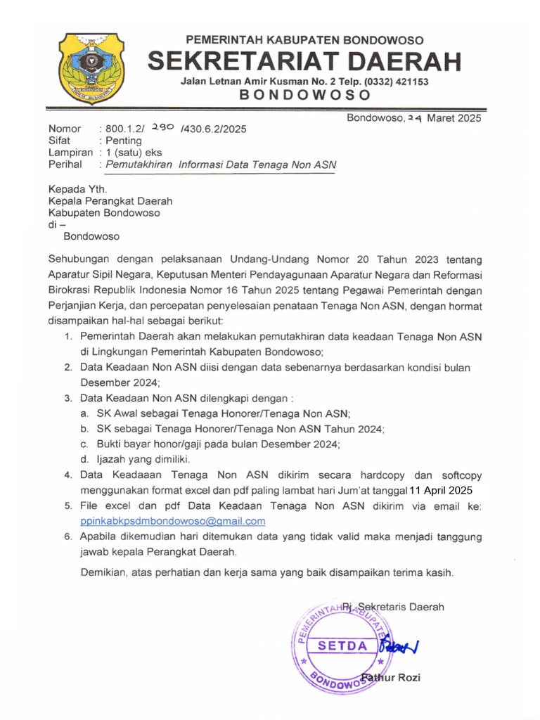 Surat Pemutakhiran Data Tenaga Non ASN | PDF