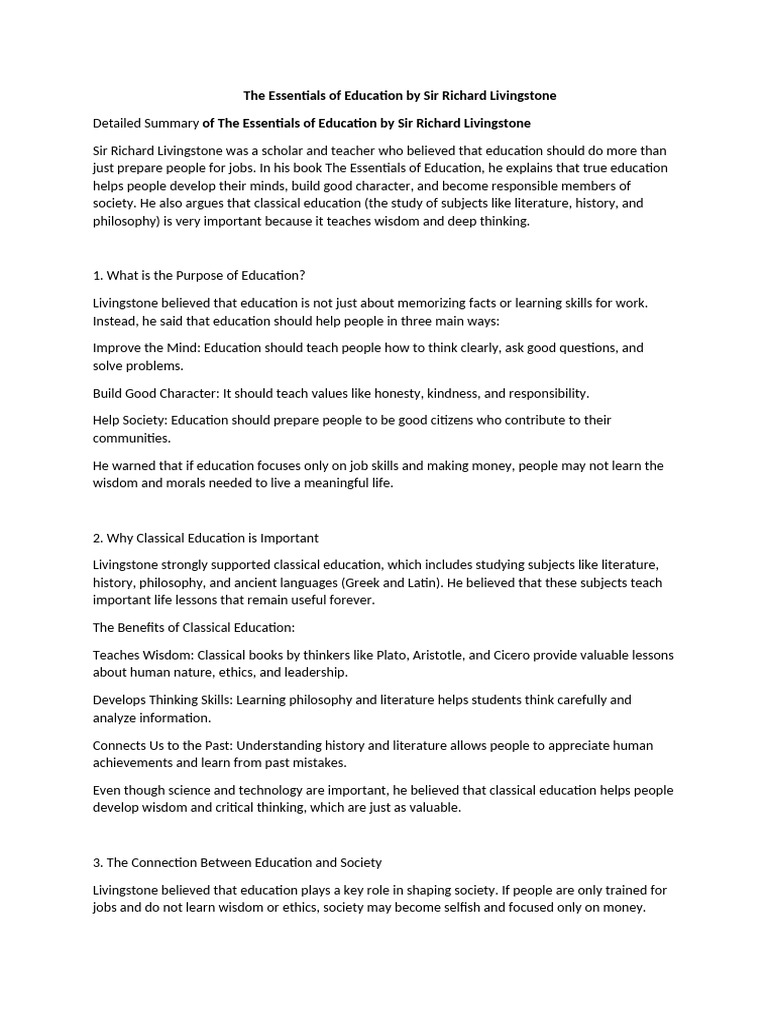 Essentials of Education by Richard Livingstone | PDF | Wisdom | Teachers