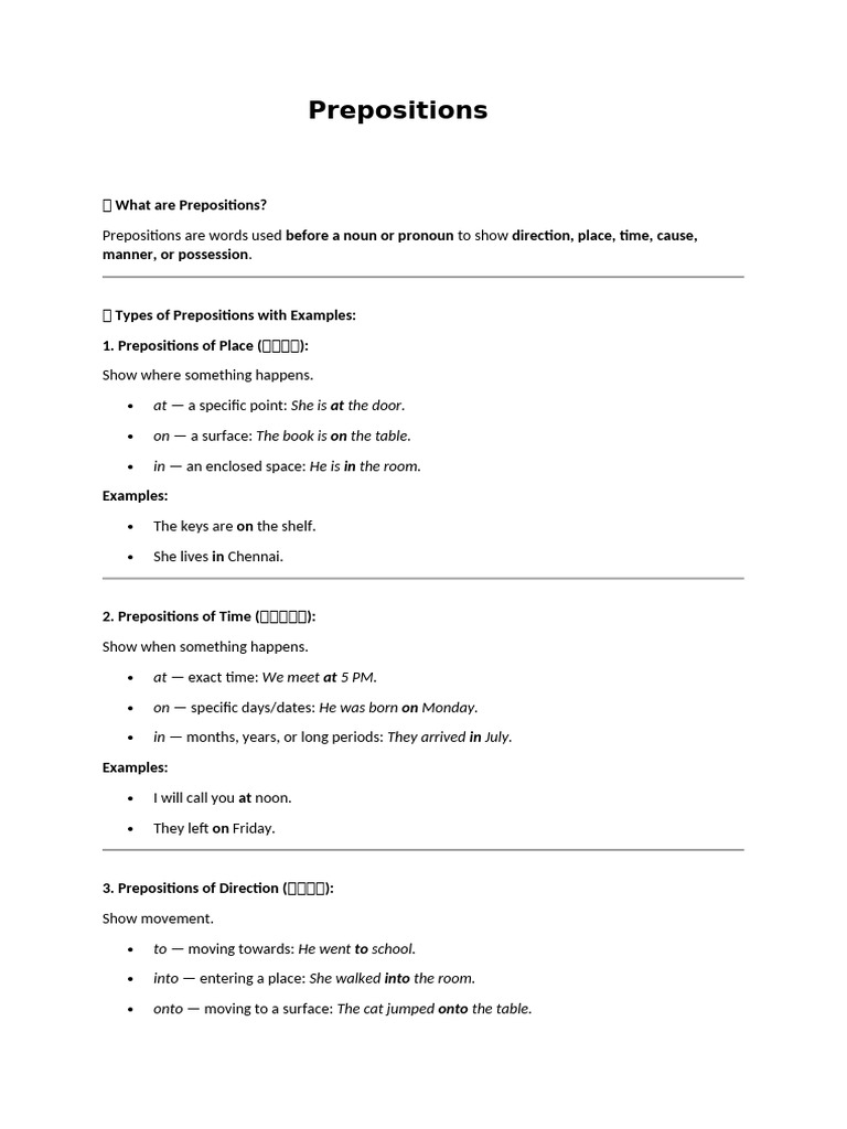 Understanding Prepositions: Types & Uses | PDF