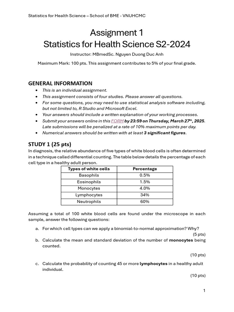 Assignment 1 Statistics For Health Science | PDF | White Blood Cell | Medical Specialties