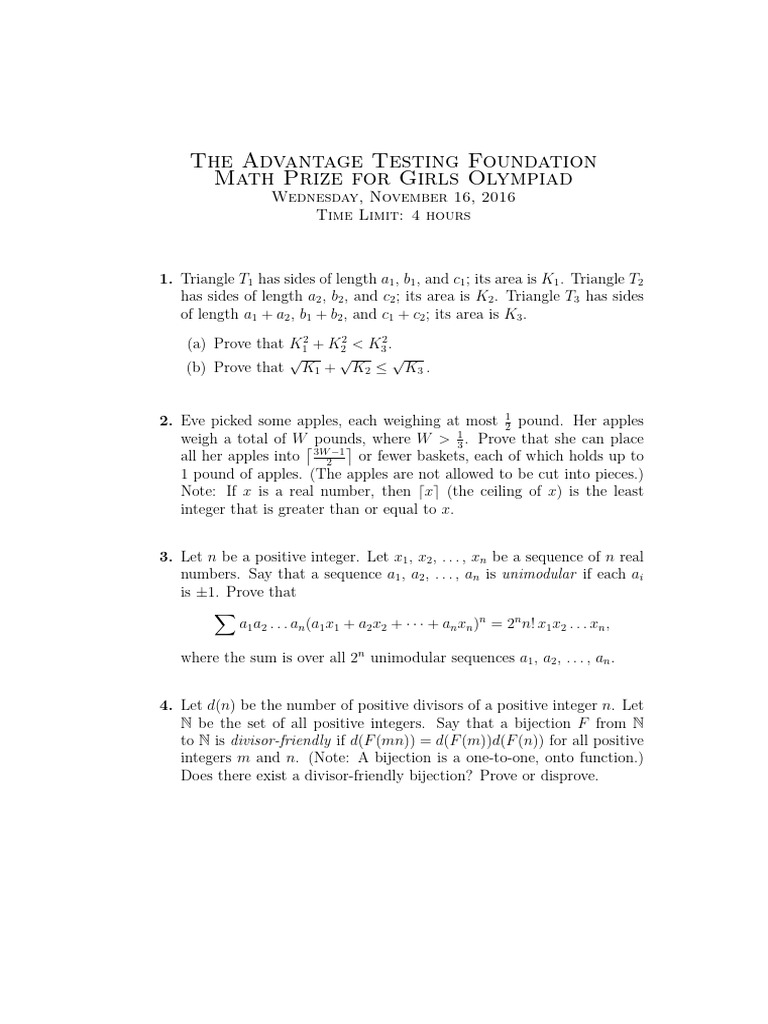 2016 Math Prize for Girls Problems | PDF