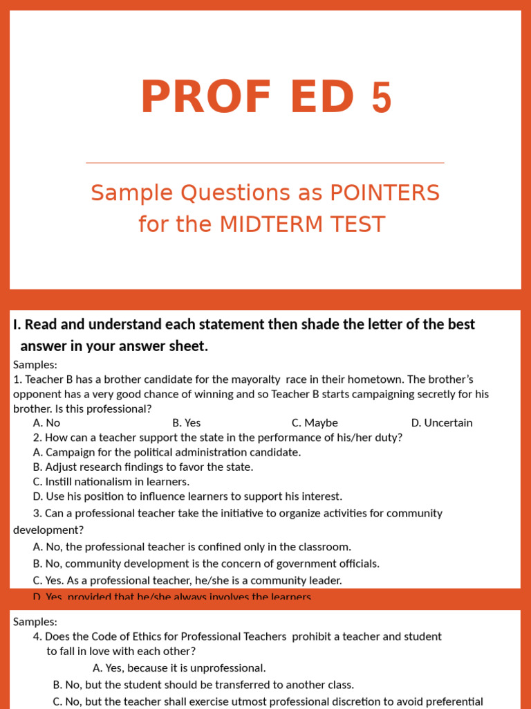 PROF ED 5 MIDTERM TEST Sample Questions | PDF | Teachers