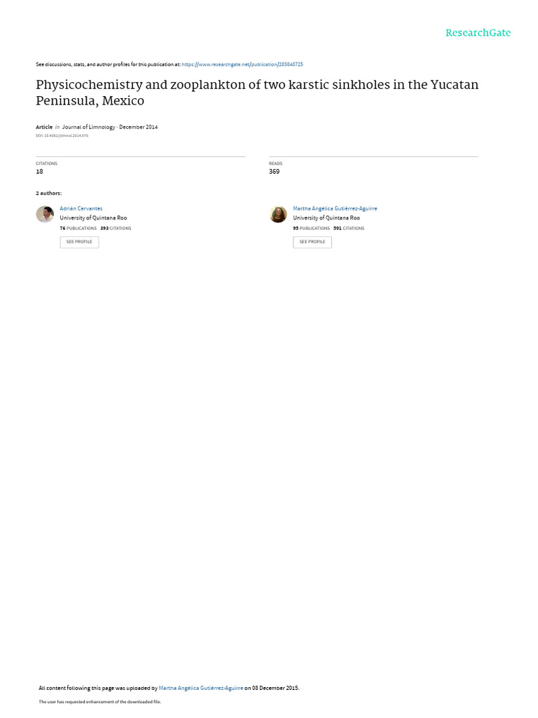 Physicochemistry and Zooplankton of Two Karstic Si | PDF | Plankton | Lake