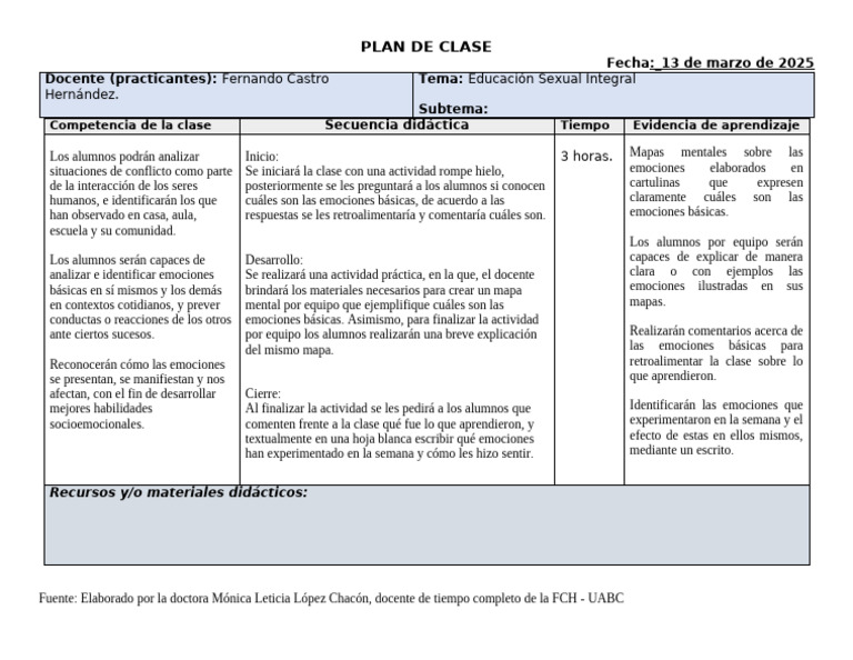 Plan de Clase | PDF | Las emociones | Enseñando