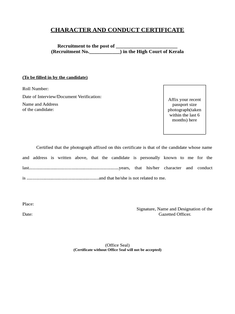 Character and Conduct Certificate | PDF