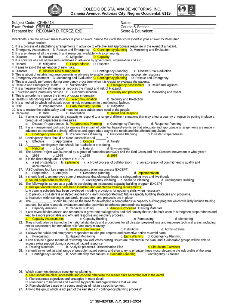 PRELIM EXAM 2024 Key Answers | PDF | Emergency Management | Disaster Risk Reduction