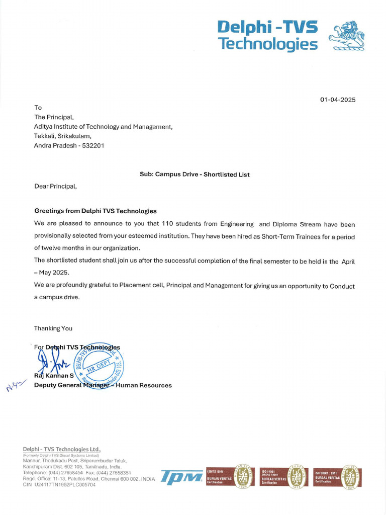 Delphi TVS Technologies Student Selected List | PDF