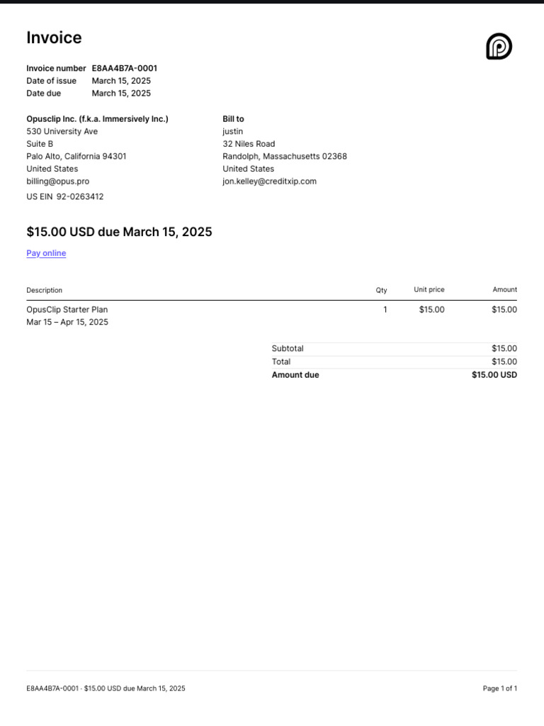 Opusclip Inc. Invoice E8AA4B7A-0001 | PDF