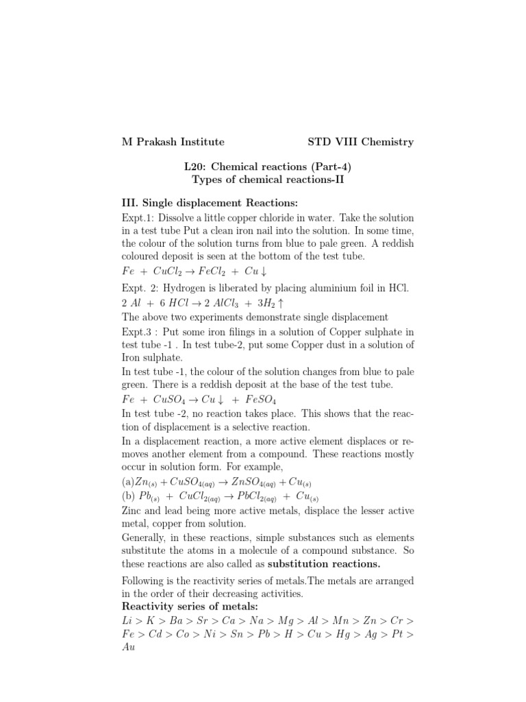 Single and Double Displacement Reactions | PDF | Redox | Acid