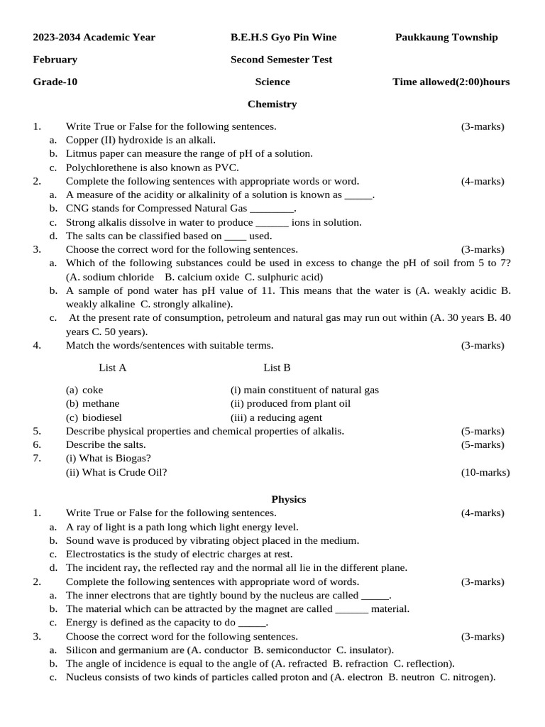 Grade 10 Science Test: Chemistry, Physics, Biology | PDF | Cell ...