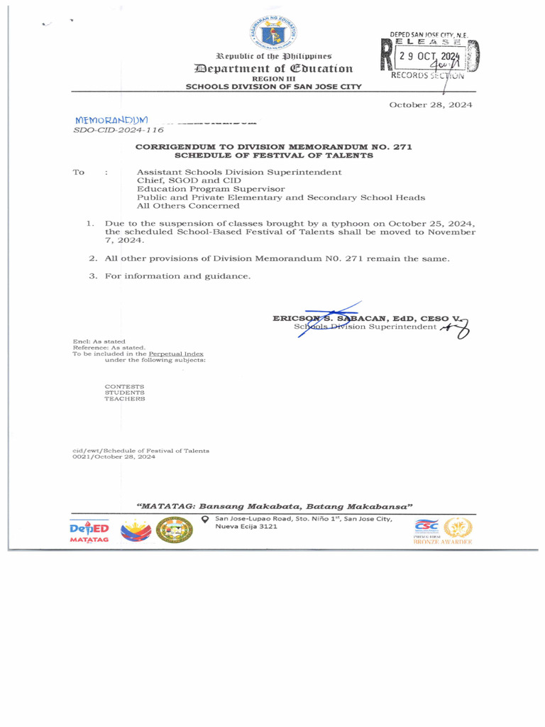 Memo Sdo Cid 2024 116 Corrigendum to Division Memorandum No 271 | PDF
