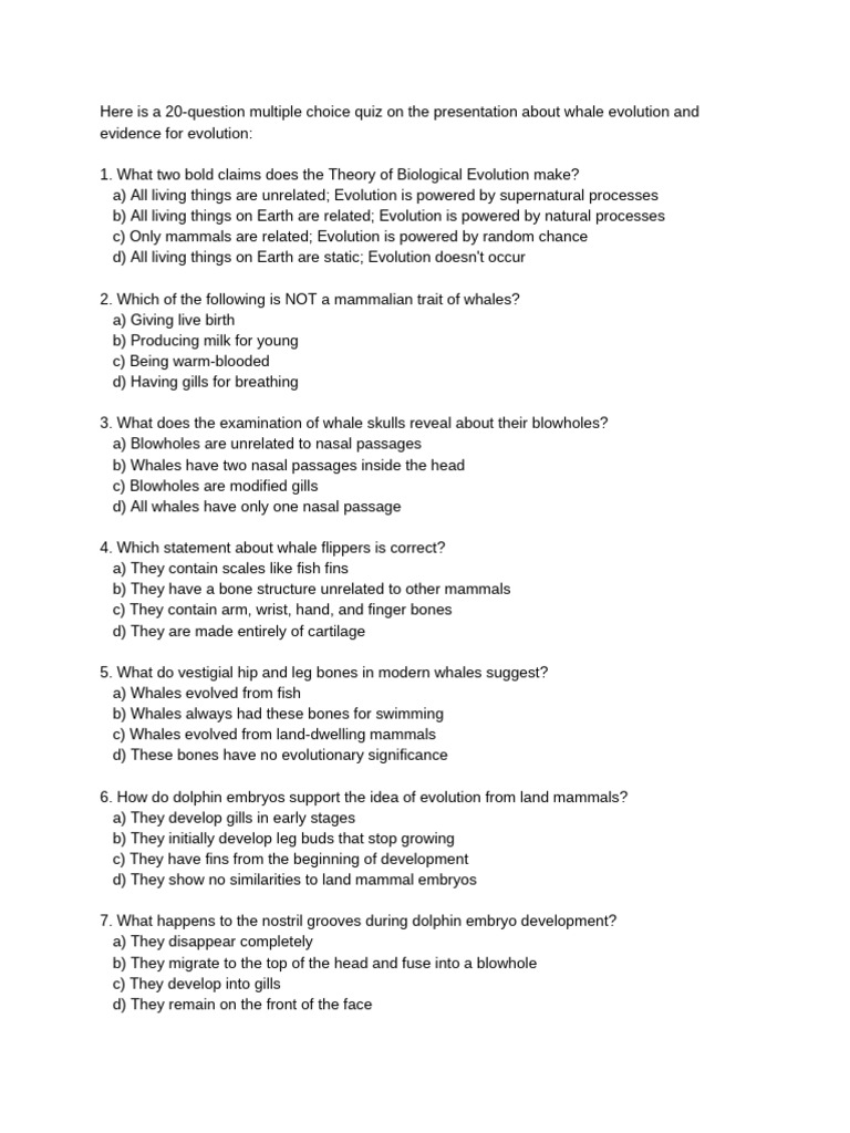 Whale Evolution Quiz: 20 Questions | PDF | Evolution | Whales
